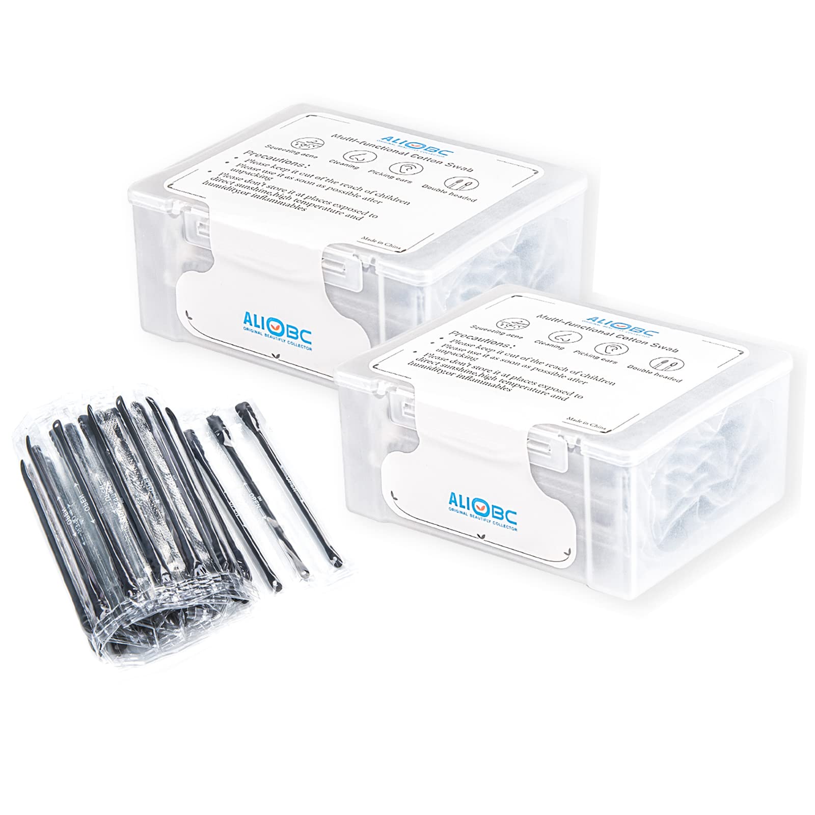 ALIOBC Disposable Cotton Swabs Stick,160 Pcs Multi Use Black Double-Headed Acne Squeezing Professional Ear Pick for Blackhead or Whitehead Nasal Gunk Removerand Clean Skin Pores