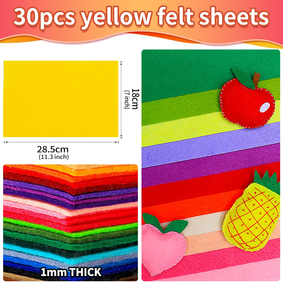 IOOLEEM Yellow Felt Sheets, 30pcs 7"x11.3"(Close to A4 Size - 18x28.5 cm Pre-Cut Felt Sheet for Crafts, Craft Felt Fabric Sheets, Sewing Felt Rectangle for Patchwork.