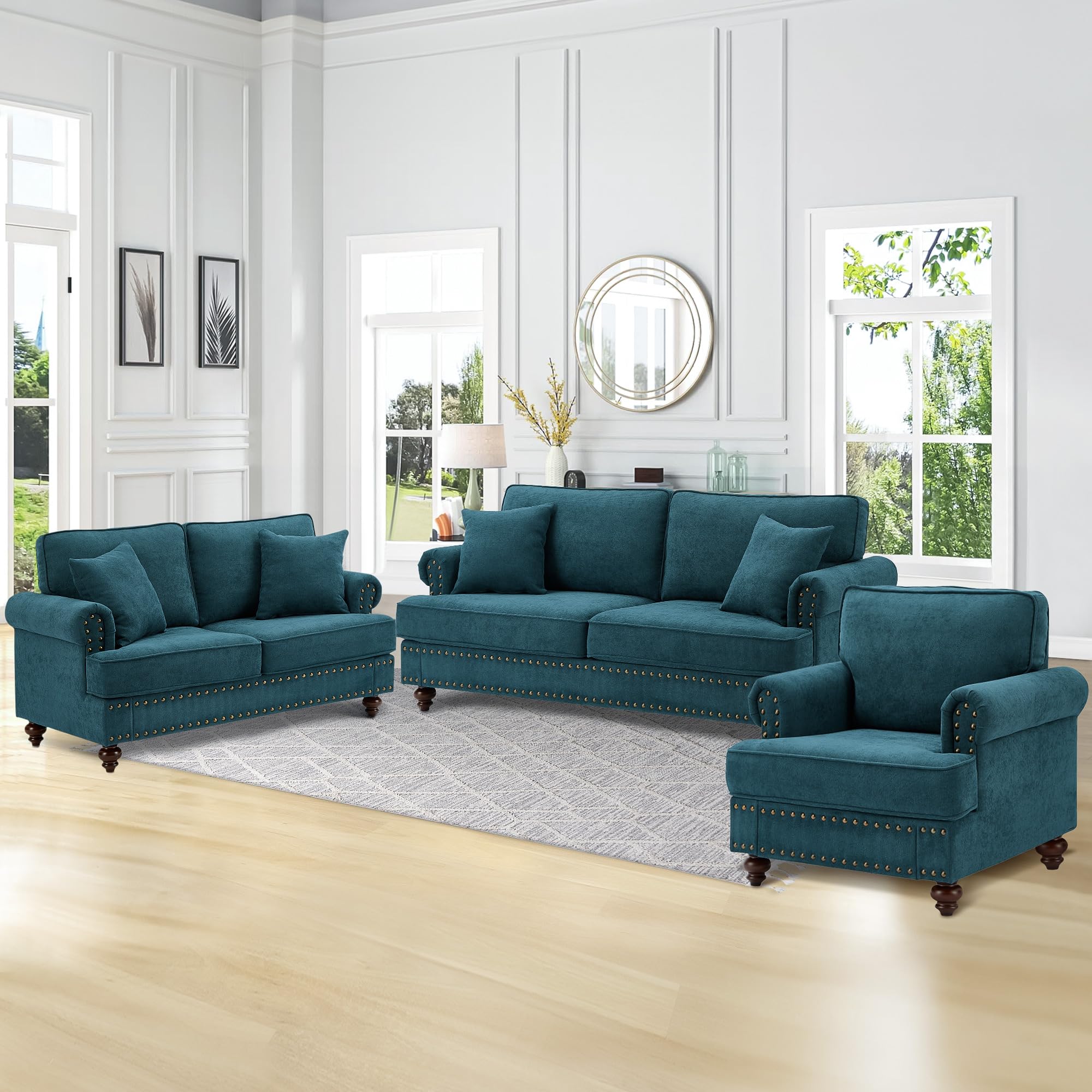 Mid Century Modern Sofa Set, Comfy Chenille Living Room Furniture Sets, Sectional Sofa and Loveseat Set Upholstered Couch Set Nailhead Trim Rolled Arms juegos de muebles de sala (White, 3 Piece)
