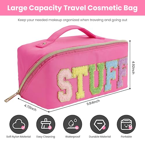 Futuredream Makeup Bag - Large Capacity Travel Cosmetic Bag, Portable Nylon Waterproof Women Travel Makeup Bag Organizer,With Handle And Divider Letter Patch Cosmetic Bag Rose Red