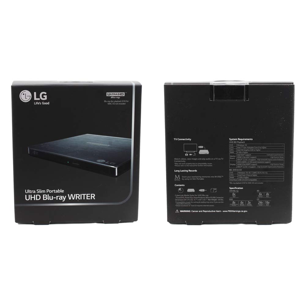 Produplicator LG BP60NB10 Portable 6X Ultra HD 4K Blu-ray Burner External Drive with CyberLink Software, 50GB M-DISC BD-R DL, and USB Cable - Burns CD DVD BD DL BDXL Discs