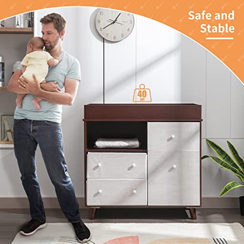Changing Table Dresser with 3 Drawers, 2 Cabinets, Can be Used as a Dresser Changing Table, a Baby Changing Table Dresser, Changing Table with Drawers (Brown)