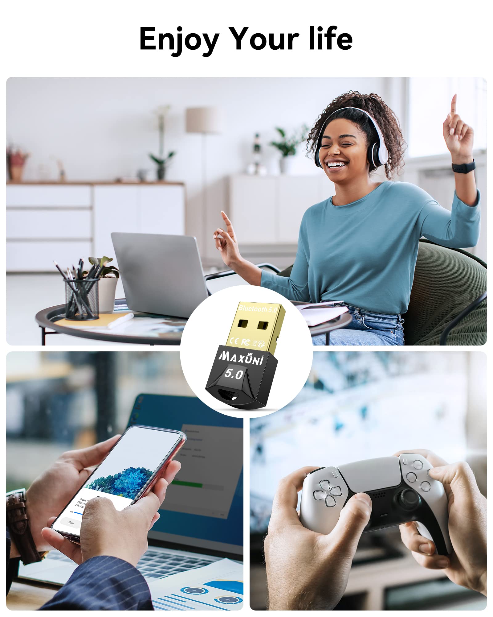 Maxuni USB Bluetooth Adapter for PC 5.0, Bluetooth Dongle 5.0 Adapter,for Laptop Keyboard Mouse Headsets Speakers, Long Range Bluetooth Supports Windows 11/10/8.1(Plug and Play)