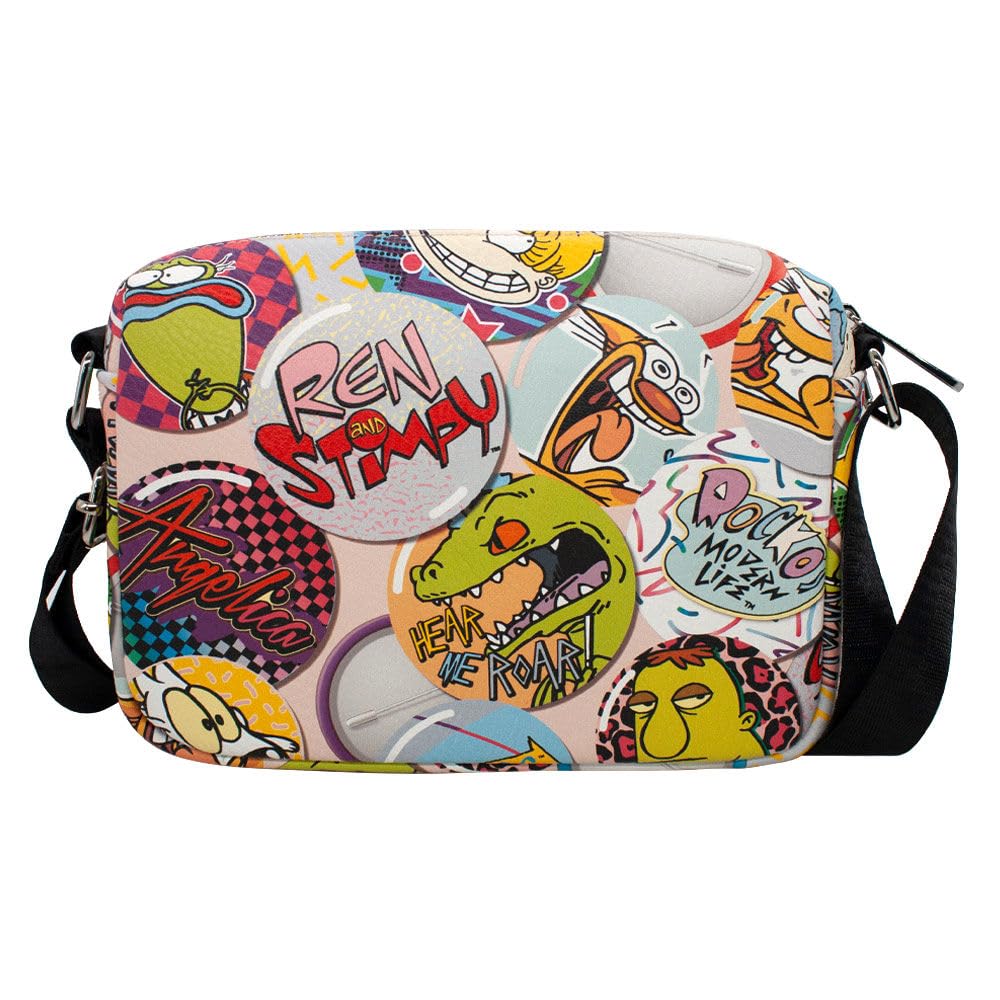 Buckle Down Nickelodeon Bag, Cross Body, Rectangle, 90s Character and Logo Buttons Stacked, Pink, Vegan Leather, Nick 90's Rewind