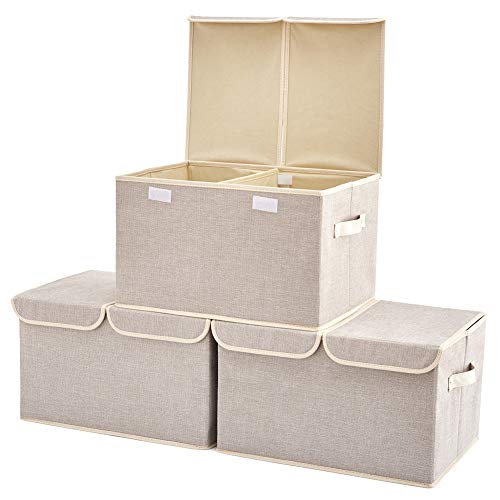 EZOWare Large Storage Boxes [3-Pack] Large Linen Fabric Foldable Storage Cubes Bin Box Containers with Lid and Handles for Home Nursery, Closet, Baby Products (Silver Gray)