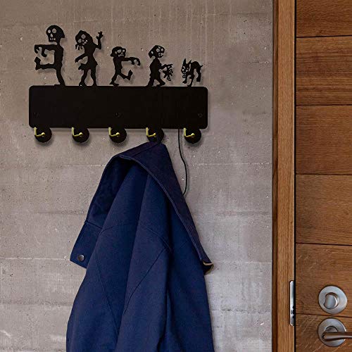 Zombies Attack Key Hook for Wall,Black Wooden Cat Key Holder with 5 Metal, Install by Strong Adhesive Sticker or Nail,Wall Décor for Entryway,Gift.(A1)