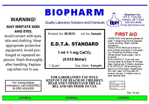 E.D.T.A. Standard 0.010 Molar (1 mL = 1 mg CaCO3) (1 Quart) Bottle | Biopharm | Ethylene Diamine Tetra-Acetic Acid | for Hardness Titration
