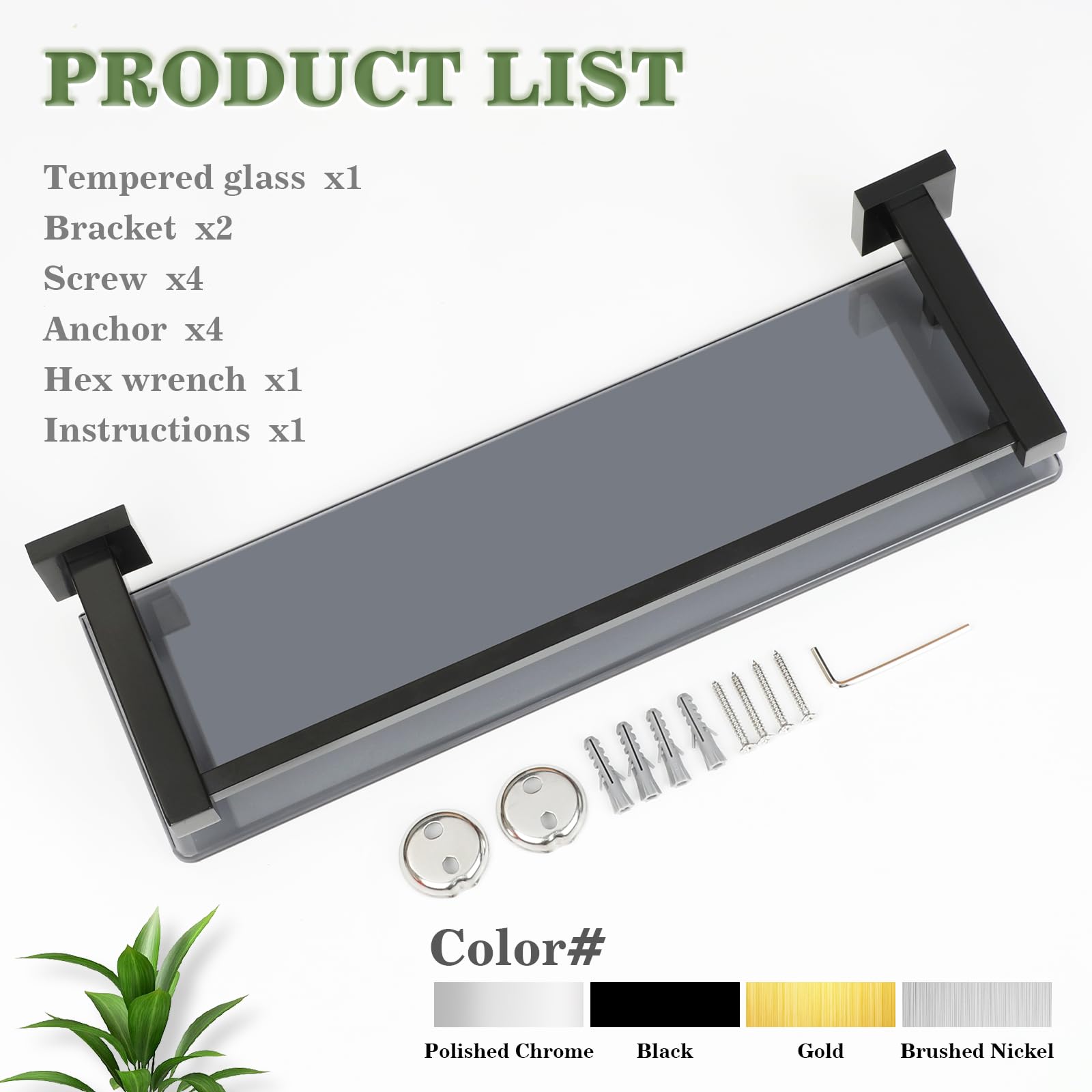 Alise Glass Bathroom Shelf, Matte Black Tempered Glass Shelves for Bathroom, Stainless Steel Modern Bathroom Floating Shelves Wall Mounted, 16 inch