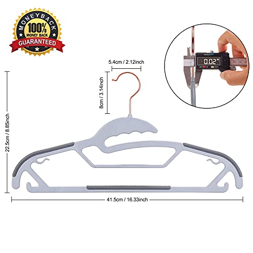 TIMMY Plastic Hangers, 50 Pack Ultra Thin Non Slip Clothes Hanger Space Saving Coat Hangers, 360°Rotating Rose Gold Hook Hanger Heavy Duty Pant Hangers (Grey)