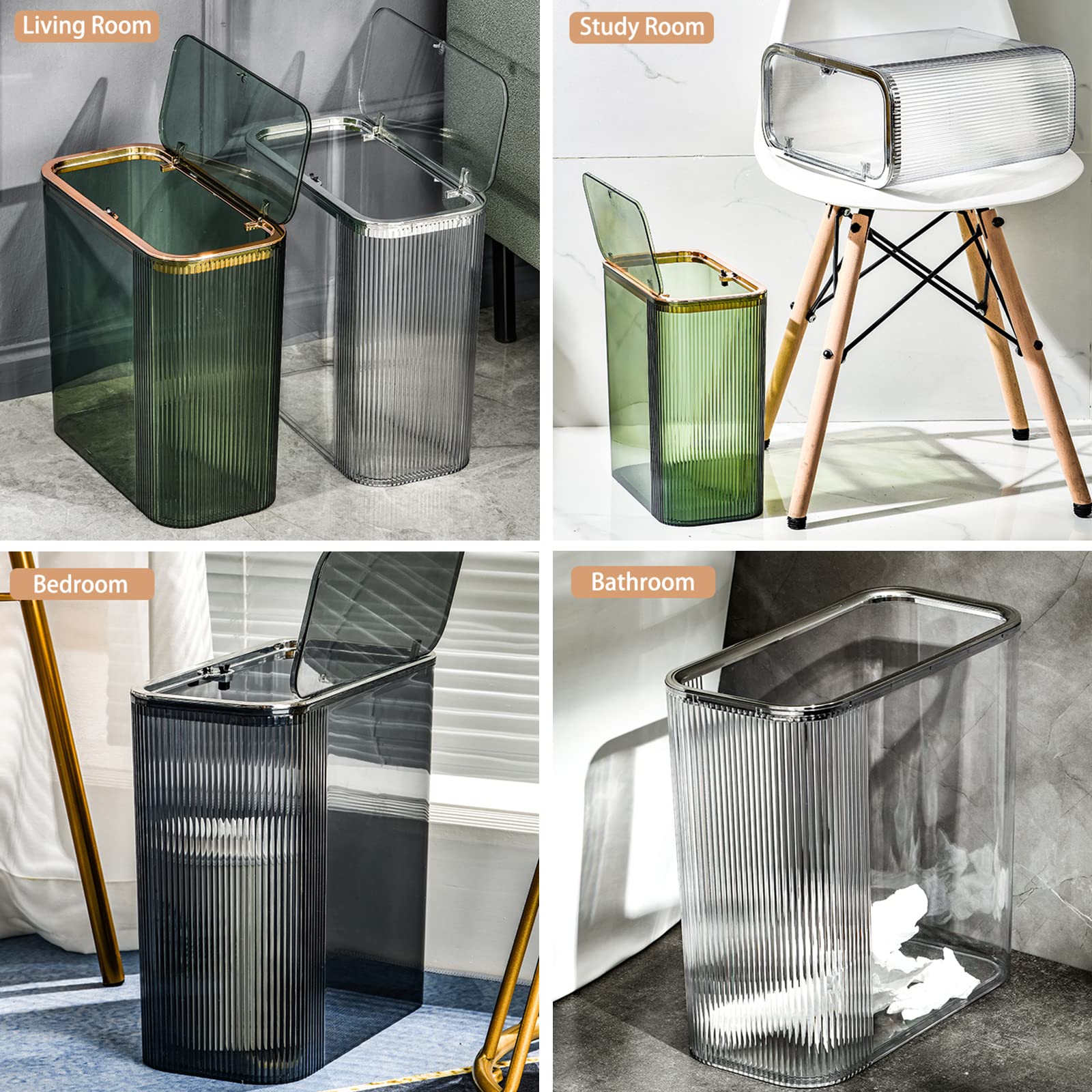 Aiabaleaft Transparent Trash can Wastebasket, Bathroom Trash Can with Lid, 3.5 Gallon Kithen Garbage Can for Bathroom, Bedroom, Kitchen, Office, Craft Room (Transparently Green)