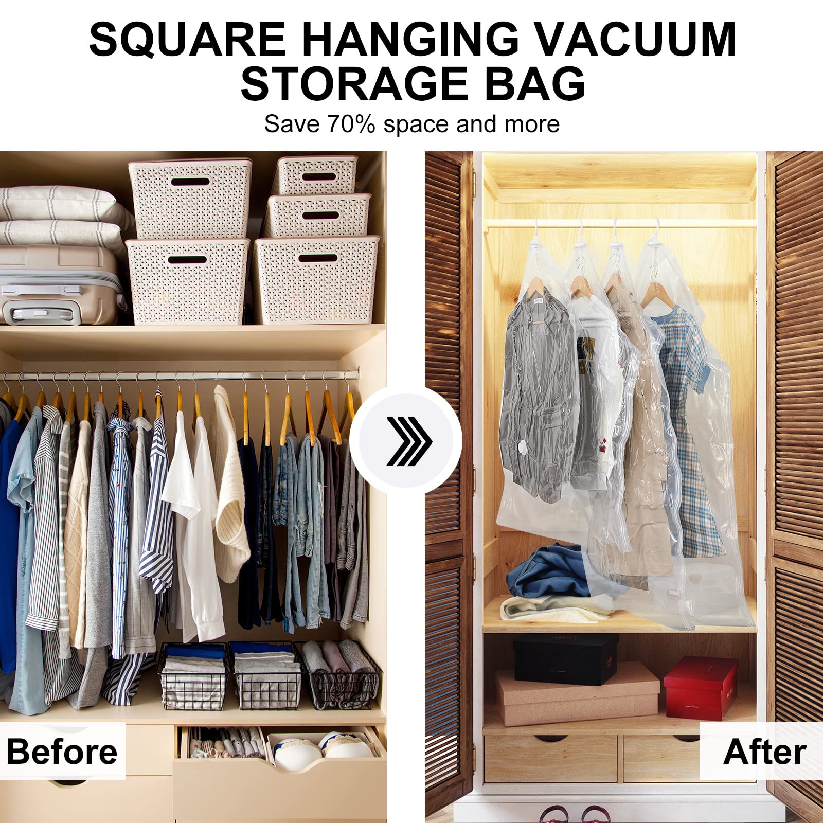 Shappy 10 Pcs Hanging Vacuum Storage Bags for Space Clothes Seal Saver with 1 Hand Pump, 5 Long 53'' x 27.6'', Short 43.3'' 27.6'' Clear Suits Dress Jackets Coat Closet Organizer
