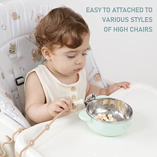 Baby Spoons Self Feeding 6 Month,Toddler Utensils Holder Strap Food Grade Silicone Keep Fork and Spoon Off The Floor Great for Kids,Hook On High Chair(Green)
