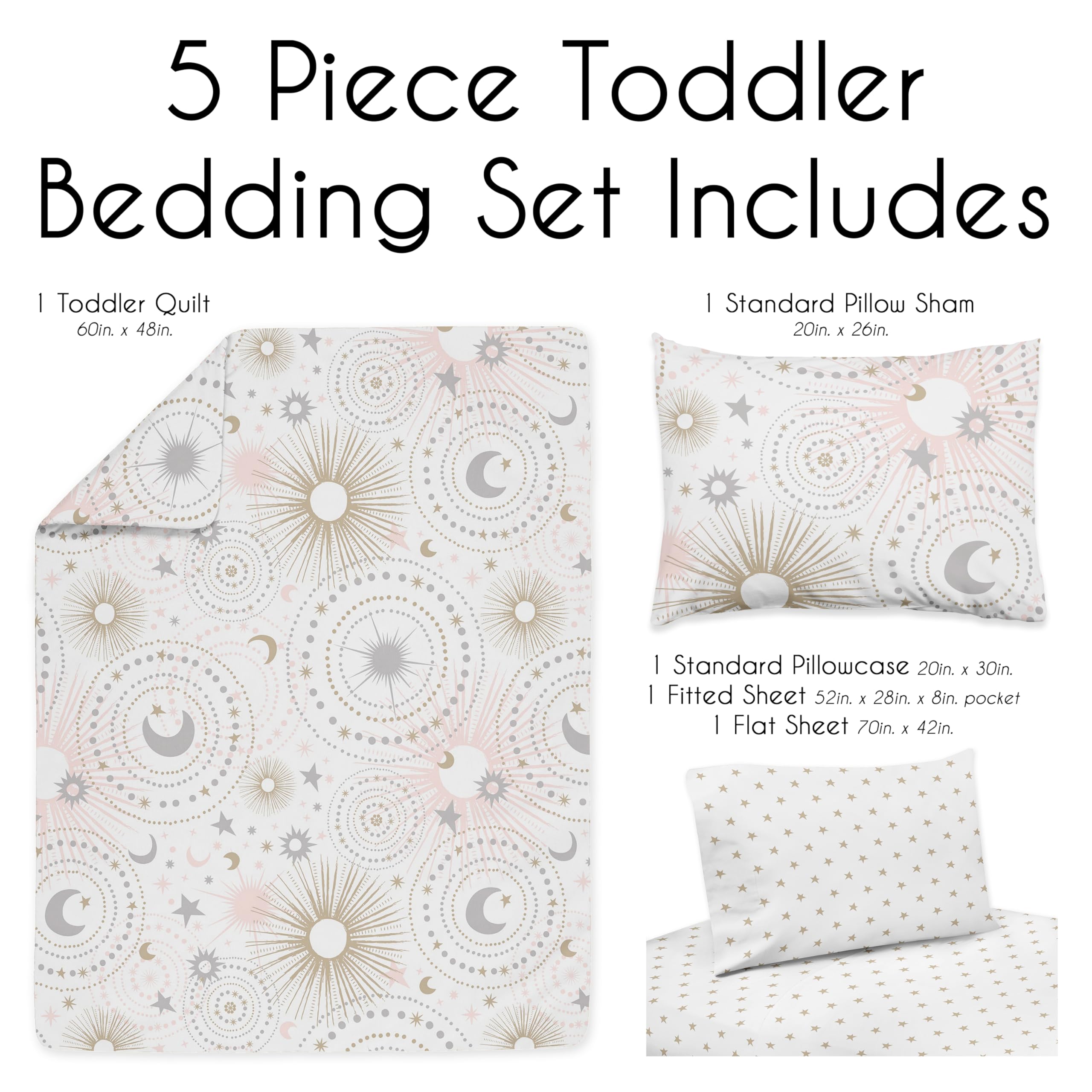 Blush Pink, Gold, Grey and White Star and Moon Celestial Girl Toddler Kid Childrens Bedding Set by Sweet Jojo Designs - 5 Pieces Comforter, Sham and Sheets