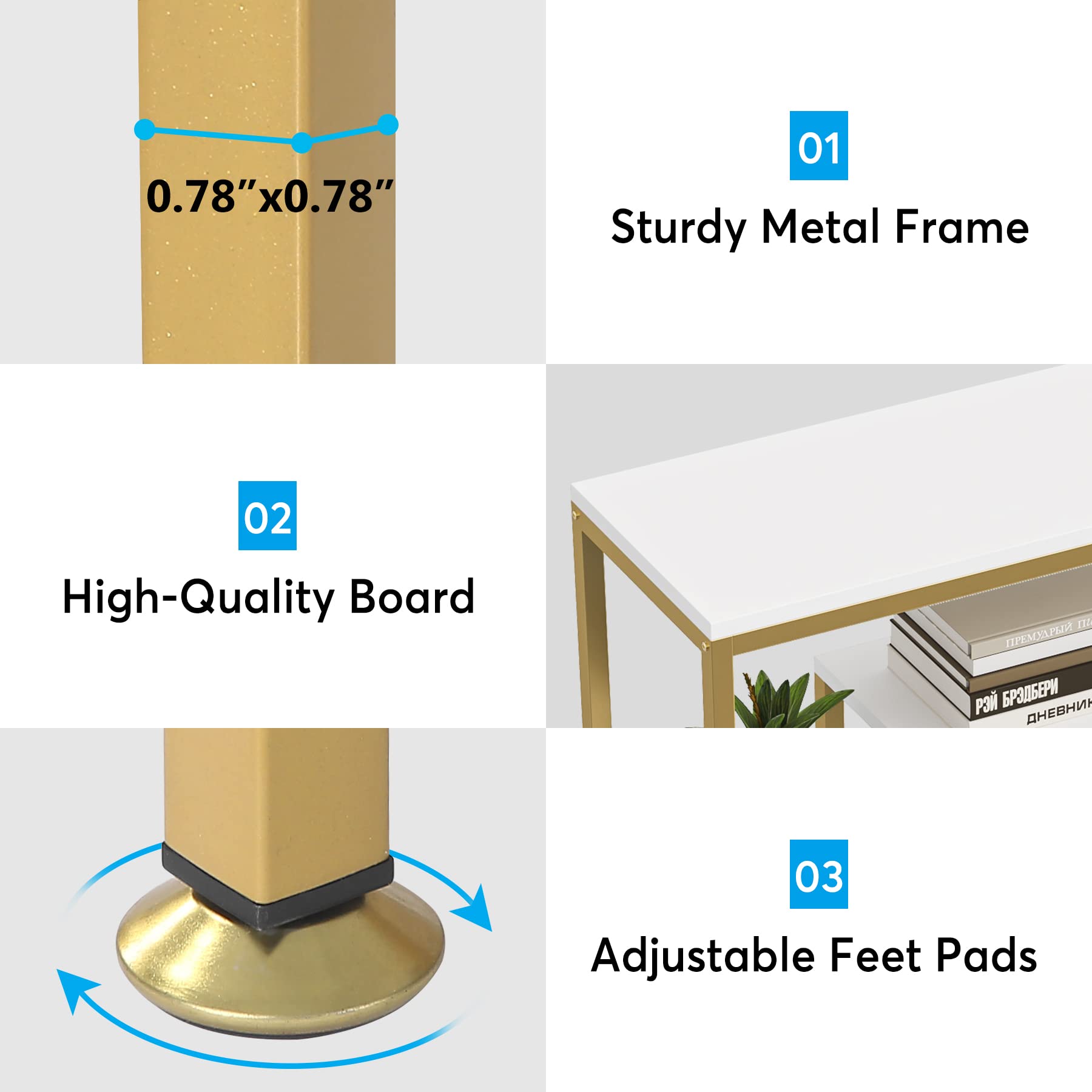 Tribesigns Bookcases and Bookshelves, 71โ Tall Bookshelf with Metal Frame, Freestanding Geometric Bookcase with Open Display Shelf for Living Room, Bedroom, Home Office, White and Gold