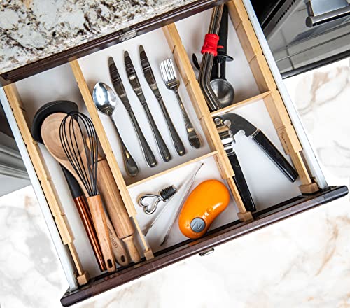 Bamboo Drawer Dividers Set of 4, Expandable Drawer Organizer, Utensil Drawer Organizer, Dresser Drawer Divider, Drawer Separators, Adjustable Drawer Divider with Secure Hold and Protective Padding