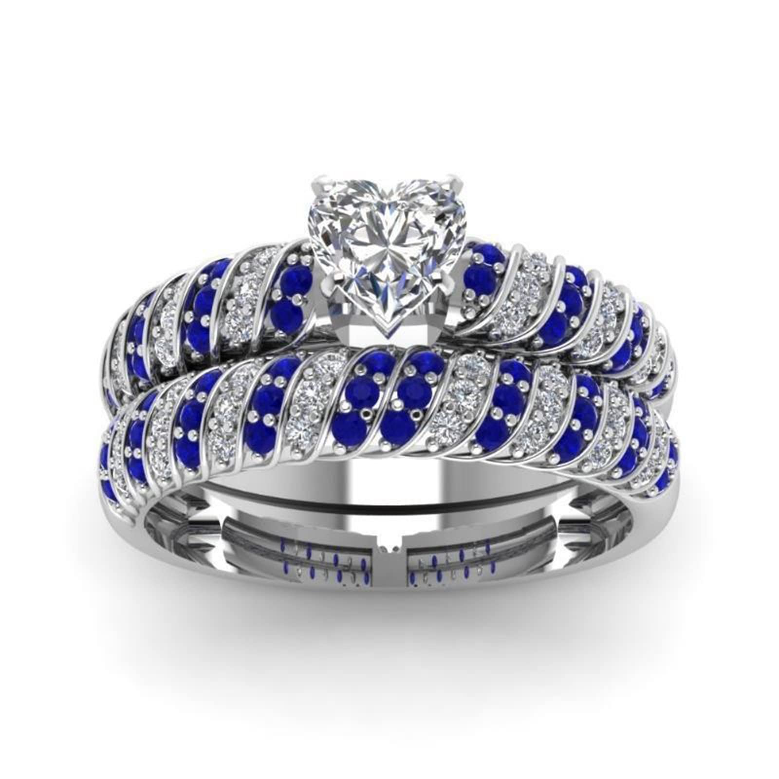 2PCS Heart Shaped Simulated Diamond Ring for Women Inlaid Zircon Engagement Ring Wedding Band for Lady (Blue, 7)