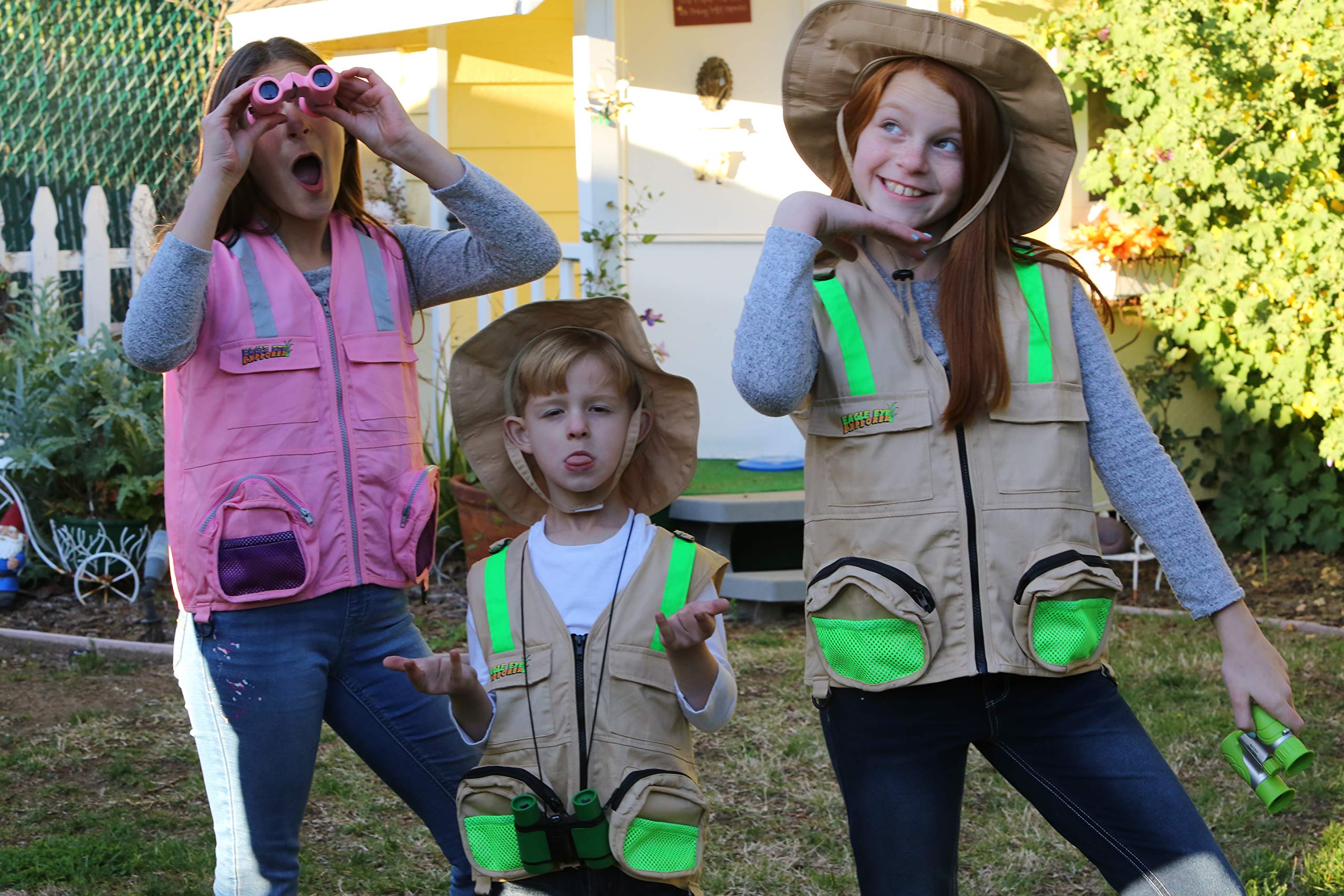 Eagle Eye Explorer Multi-Piece Set Cargo Vest with Reflective Safety Straps, 1 8x21 Magnification Binoculars and Safari Hat for Boys and Girls (Small/Medium, Tan and Green)