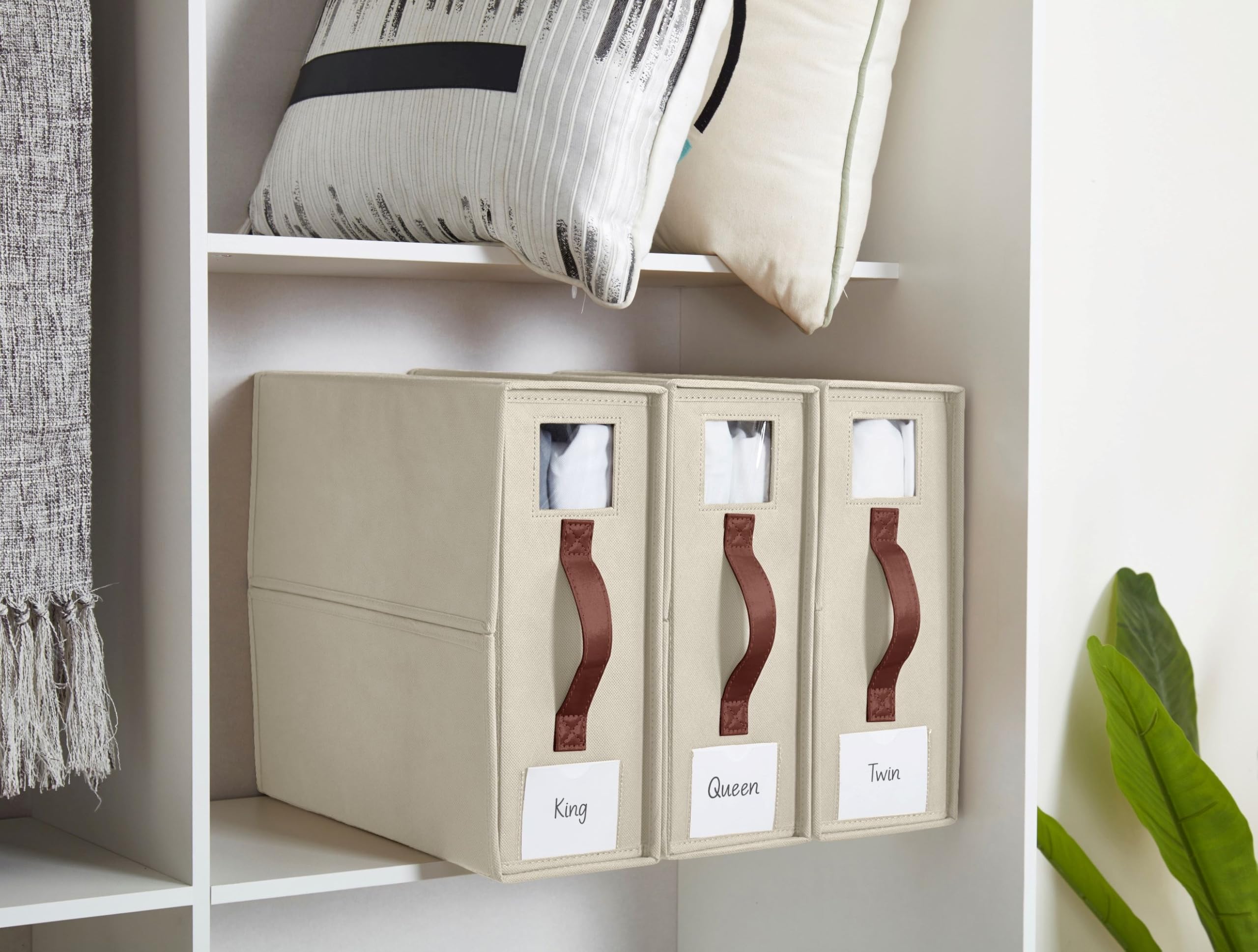 DECOMOMO Bed Sheet Organizer, XL Sheet Storage Organizer with Faux Leather Handle and Clear Window, Foldable Linen Storage Organizer for Bedsheets Duvet Covers (Pack of 3, Beige)