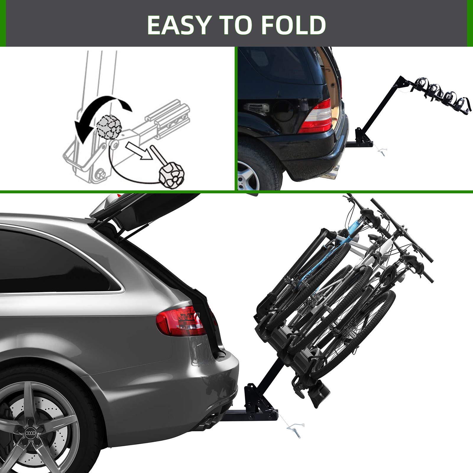 4-Bike Hitch Racks, Bike Rack Compatible with Both 2'' Hitch Receiver, Double Foldable Rack for Cars, Trucks, SUV's and Minivans, Firm and Simple Installation
