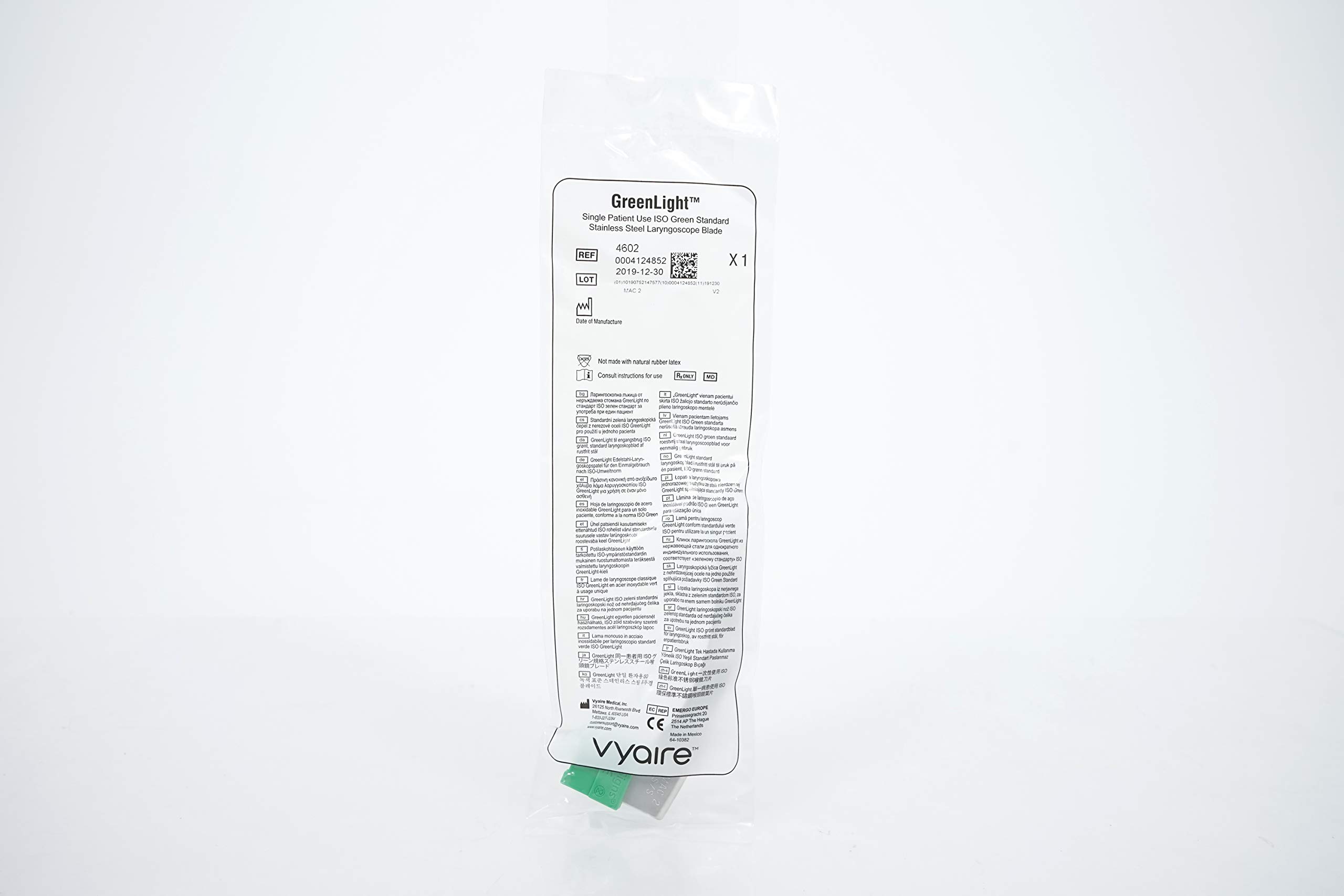 Vyaire Medical Greenlight Laryngoscope Blade, Stainless Steel, Size 2, Single Patient, ISO Standard, Case of 20, 4602