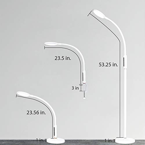 Syrinx 3 in 1 LED Floor Lamp, Desk Lamp, Clamp-on Lamp With Remote Control, 5 Brightness Levels & 5 Colors Temperatures, Dimmable, Adjustable Gooseneck Pole Lamp for Living Room Office Bedroom - White