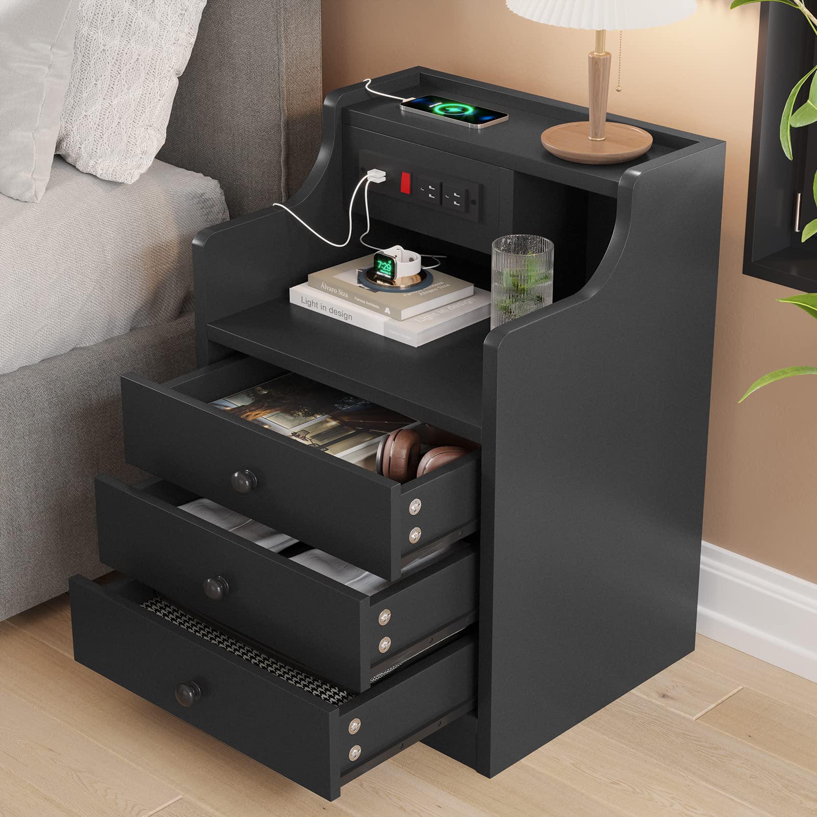 ADORNEVE Nightstand Set 2,Gray Nightstand with Charging Station & Hutch,Night Stands for Bedrooms Set of 2,Bedside Table with Drawers