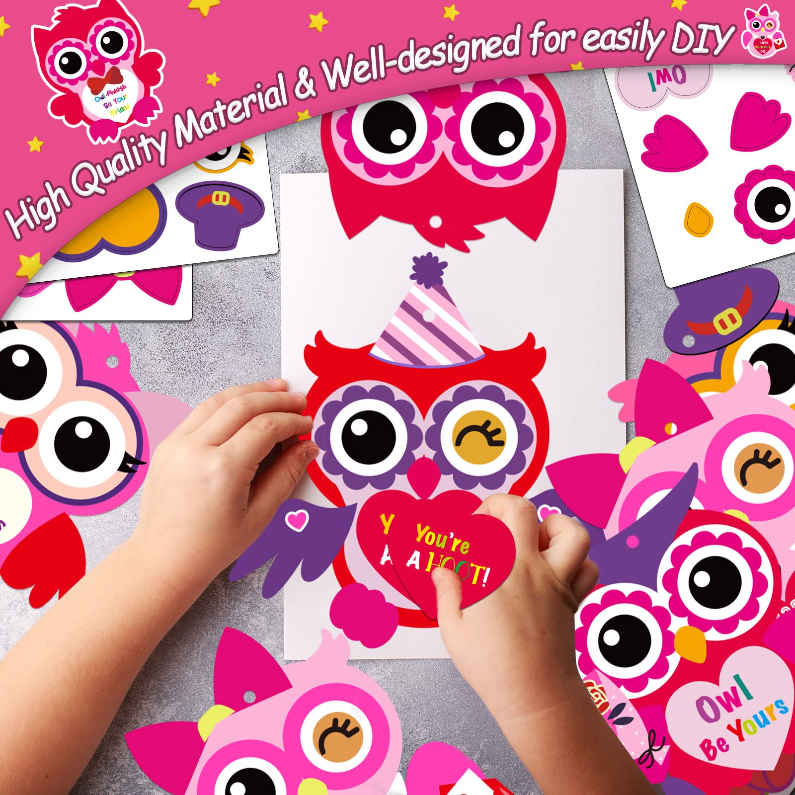 chiazllta 30 PCS Valentine's Day Craft Kits DIY Owl Craft for Kids Valentine's Heart Craft Make Your Own Owl Bulk Set for Home Classroom Game Activities