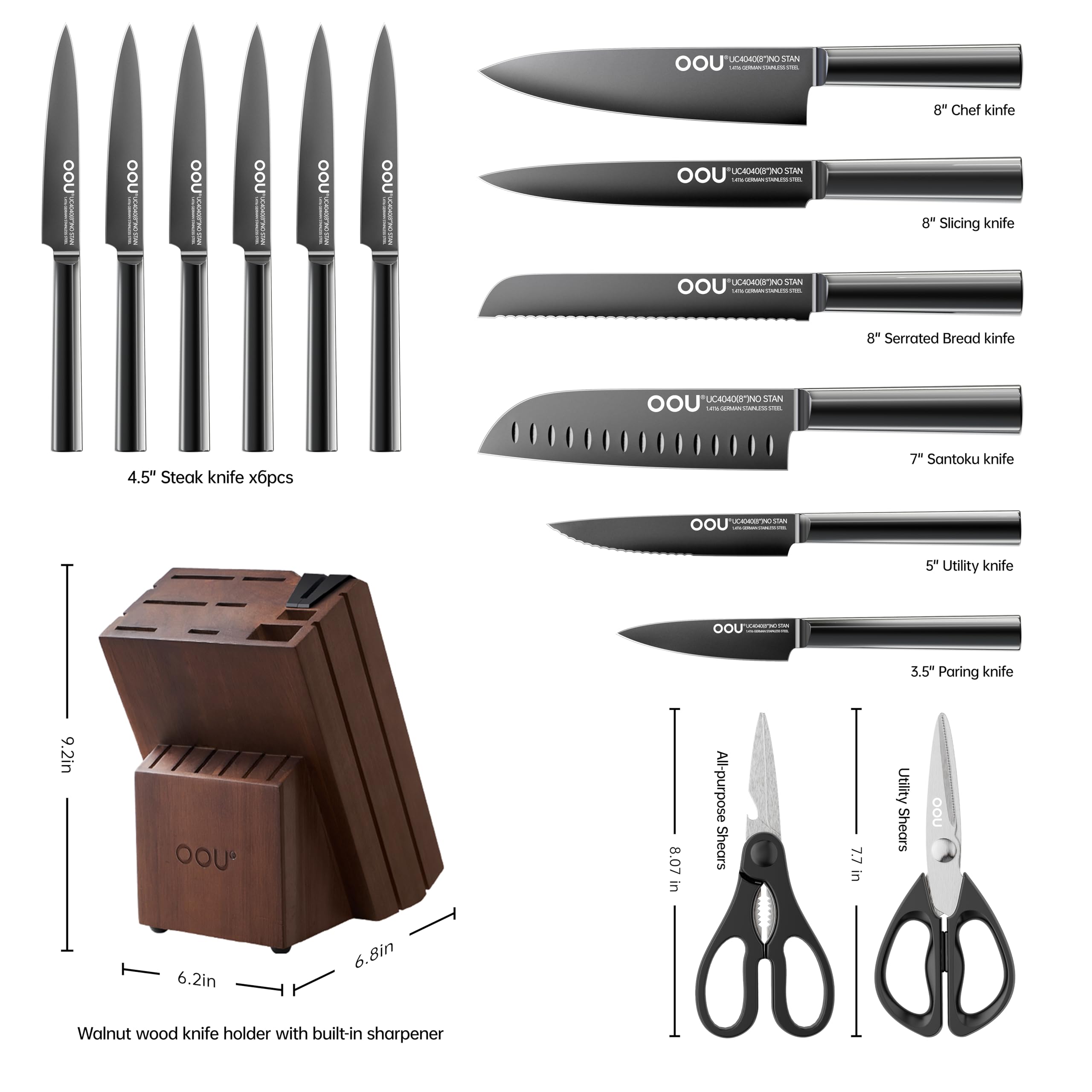 OOU Kitchen Knife Block Set - 15 Pieces High Carbon Stainless Steel Chef Knife Sets, Anti-Rust Black Knives Set with Built-in Sharpener Block, Walnut