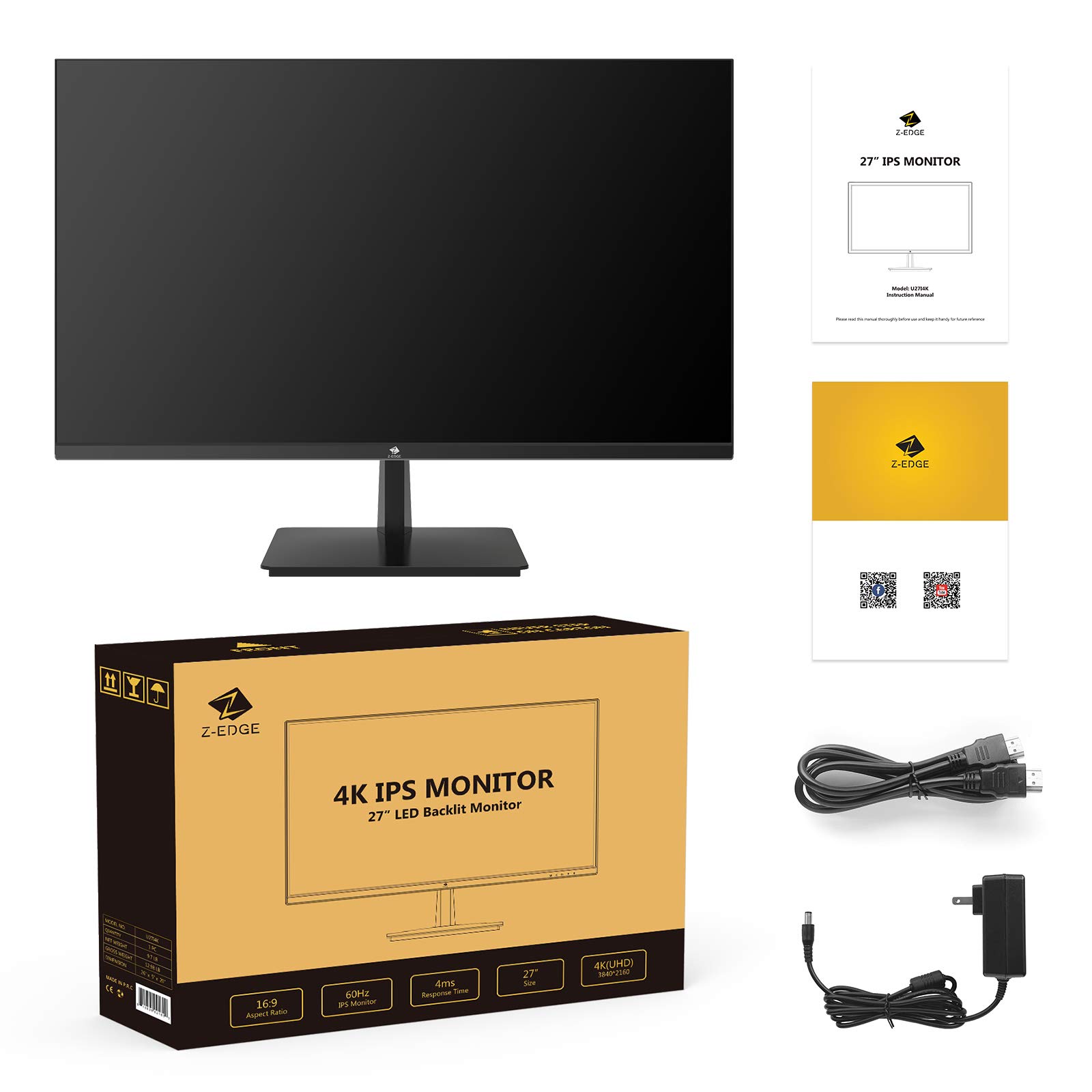 Z-Edge U27I4K 27-inch Gaming Monitor Ultra HD 4K 3840x2160 IPS LED Monitor, 250 cd/m², 4 ms Response Time, HDMIx2+DPx2, Built-in Speakers, FreeSync Technology