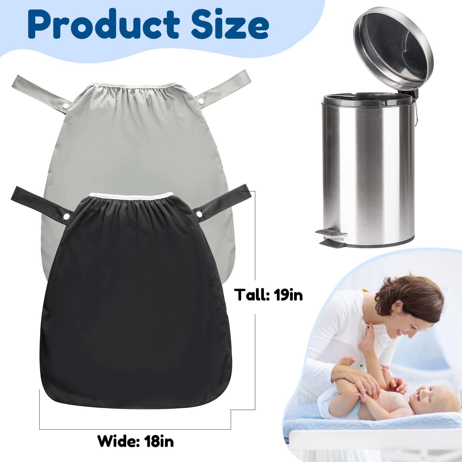 8 Pack Reusable Pail Liner for Cloth Diapers Waterproof and Washable Wet Bag Water-resistant Diaper Pail Refills Diaper Trash Bags with Snaps Cloth Diaper Pail for Laundry Kitchen Garbage, Black Gray