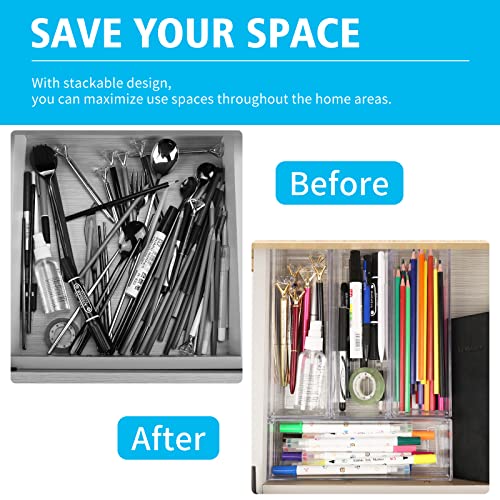 soulmate 10Pcs Clear Drawer Organizer Tray 3-Size Plastic Desk Drawer Organizations Set Bathroom Vanity Drawer Organizer Storage Tray for Makeup, Kitchen Utensils, Jewelries and Gadgets