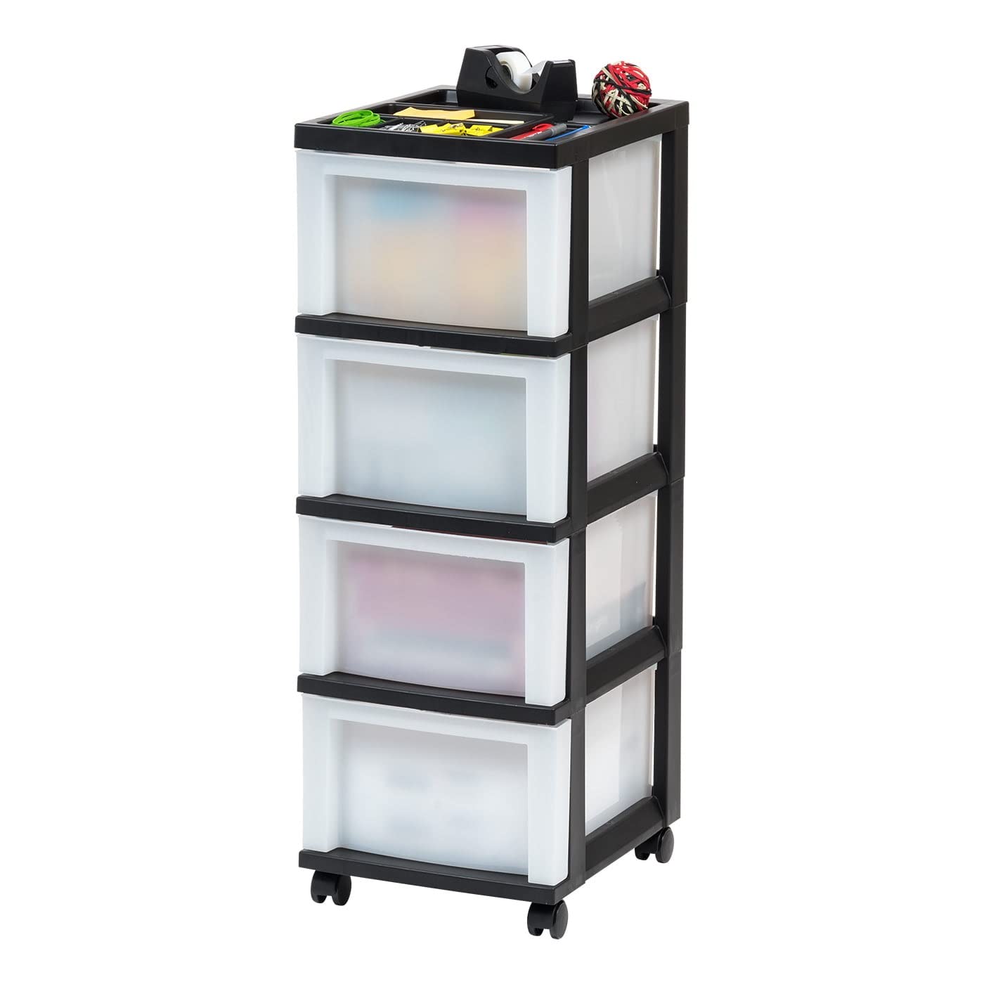 4-Drawer Plastic Storage Cart with Organizer Top & Wheels, Adult, White/Pearl (Color : Black)
