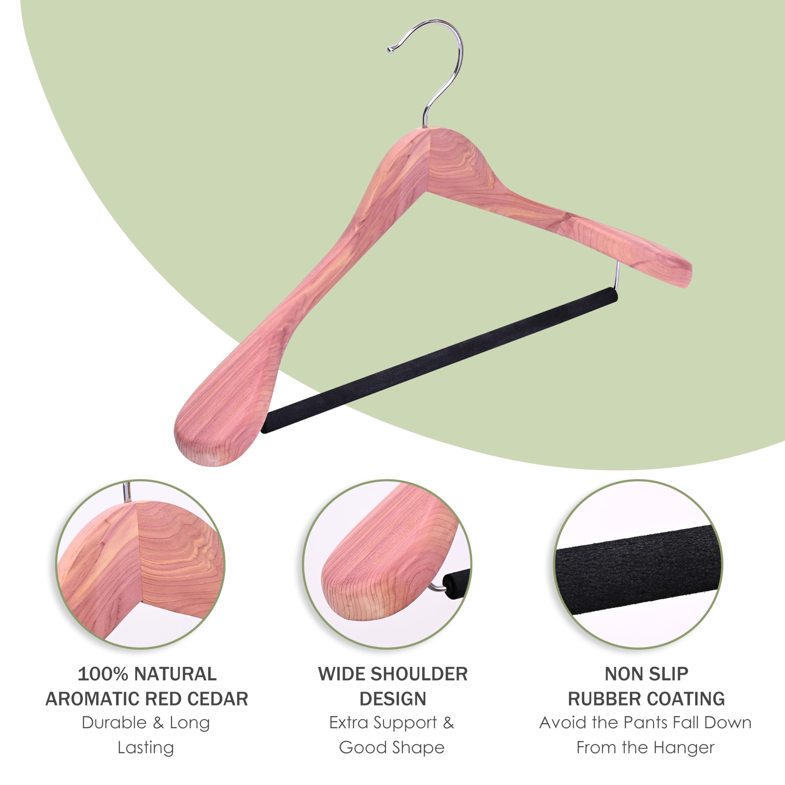 8 Pack Unfinished American Red Cedar Wooden Coat Suit Hangers with Extra Wide Shoulder, Wooden Jacket Clothes Hanger with Non Slip Black Padded Pant Bar- 360°Flexible Hook, Natural- HL03C2