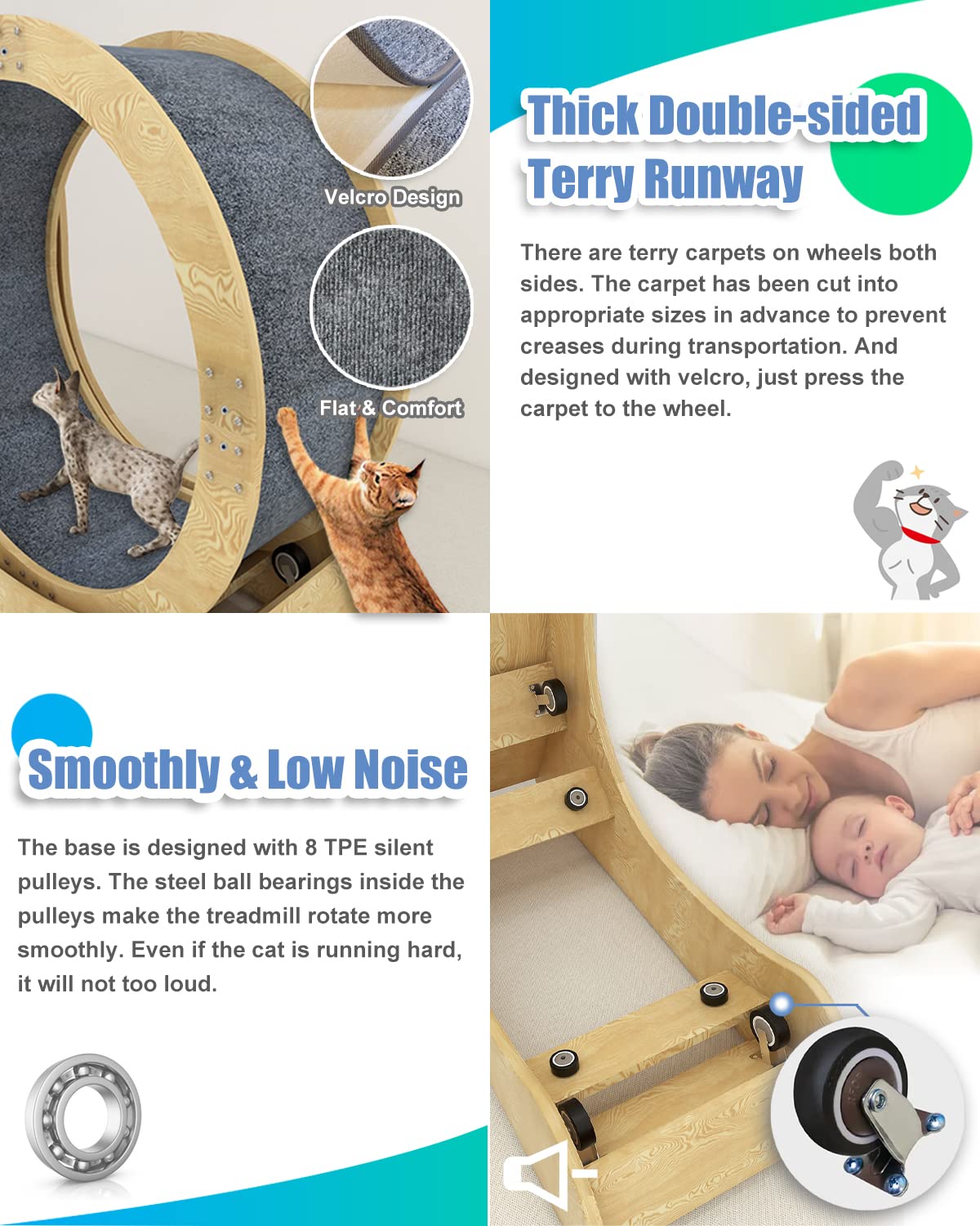 MIWOOYY Large Cat Exercise Wheel with Scratcher and Storage - 40 Inch Natural Solid Wood Cat Treadmill for Indoor Cats Run Motion & Play (Snail)