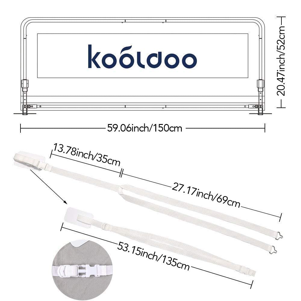 59 Inches Toddler Bed Rail Fold Down Safety Baby Bed Guard with NBR Foam Including 1 Pc Safety Strap by KOOLDOO (Blue)