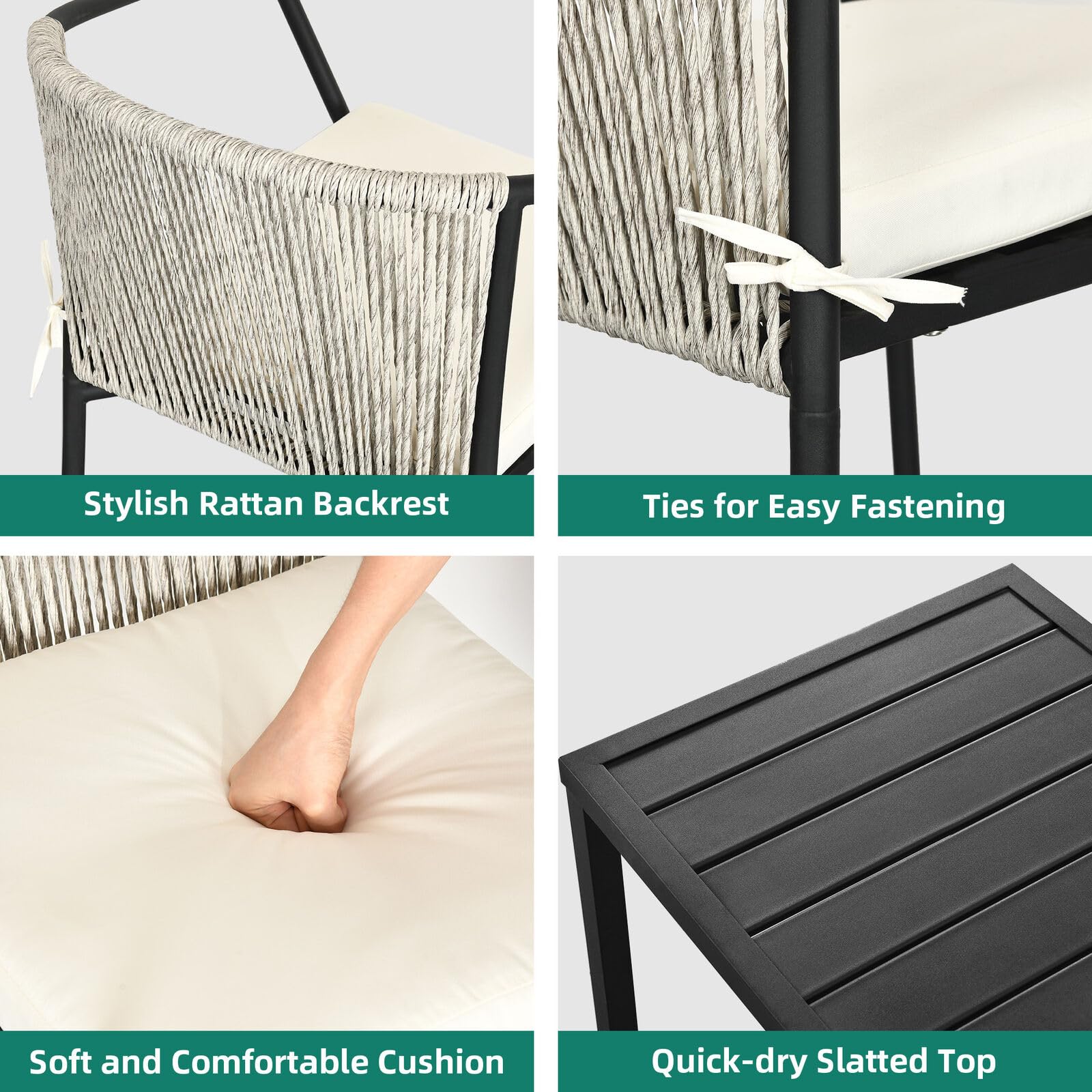 3 Pcs Patio Wicker Conversation Furniture Set for Bistro Balcony Indoor Outdoor Beige