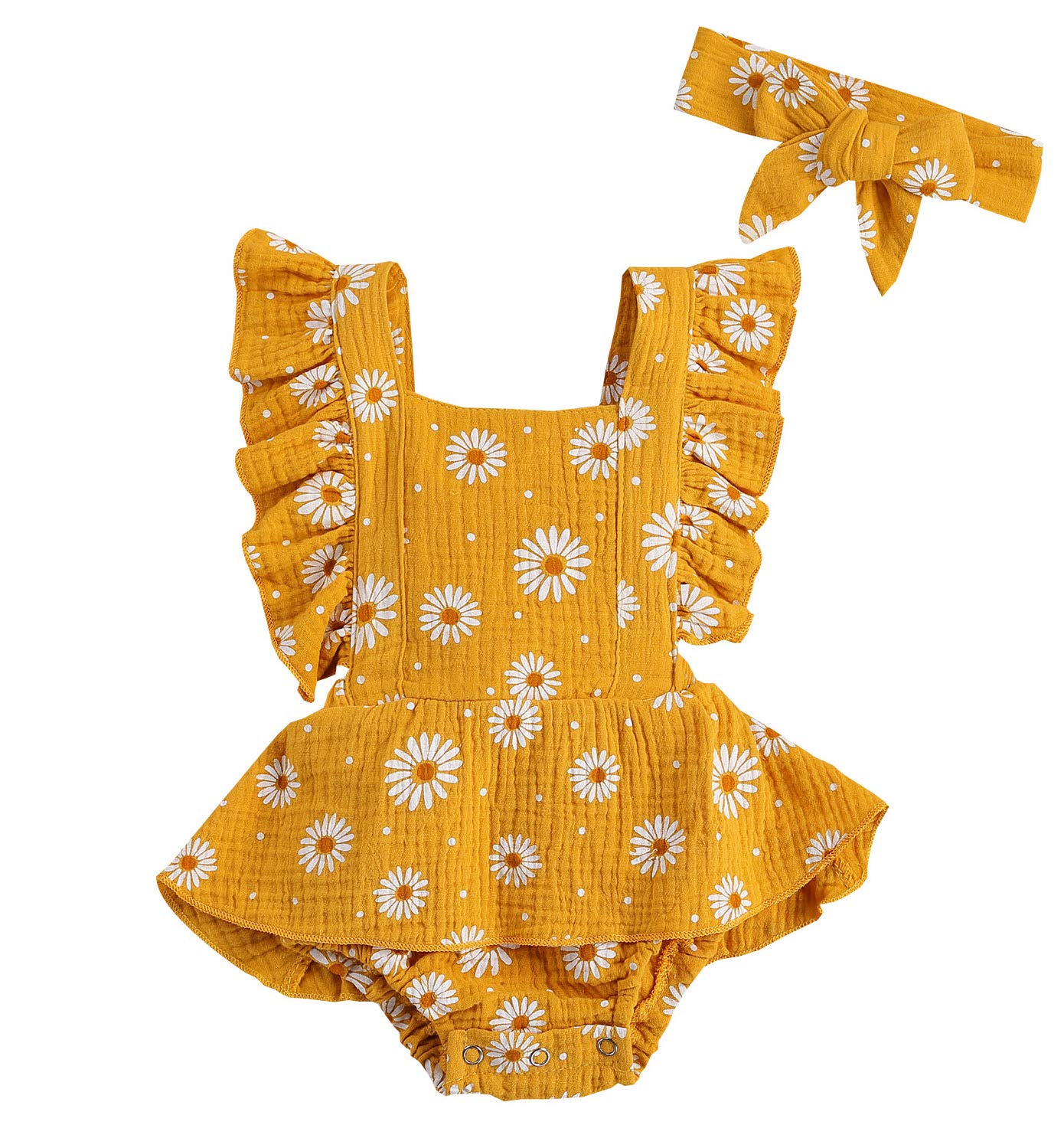Yoawdats Infant Girls Clothes Baby Bodysuits Cotton Linen Rompers for Girls 2PCS Summer Outfits with Headband (Yellow, 0-6 Months)