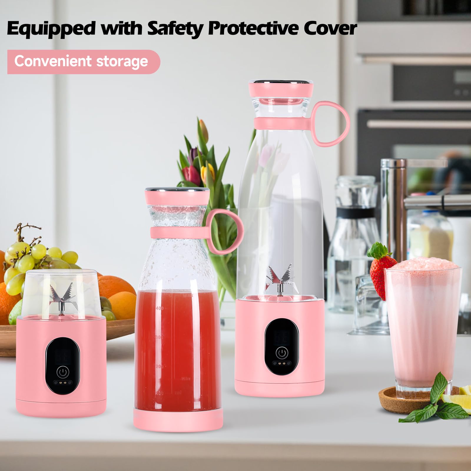 500ml Portable Blender with Protective cover,High power Mini Cordless Travel Blender for Shakes and Smoothies,Ice, Juice,Fruits (pink)