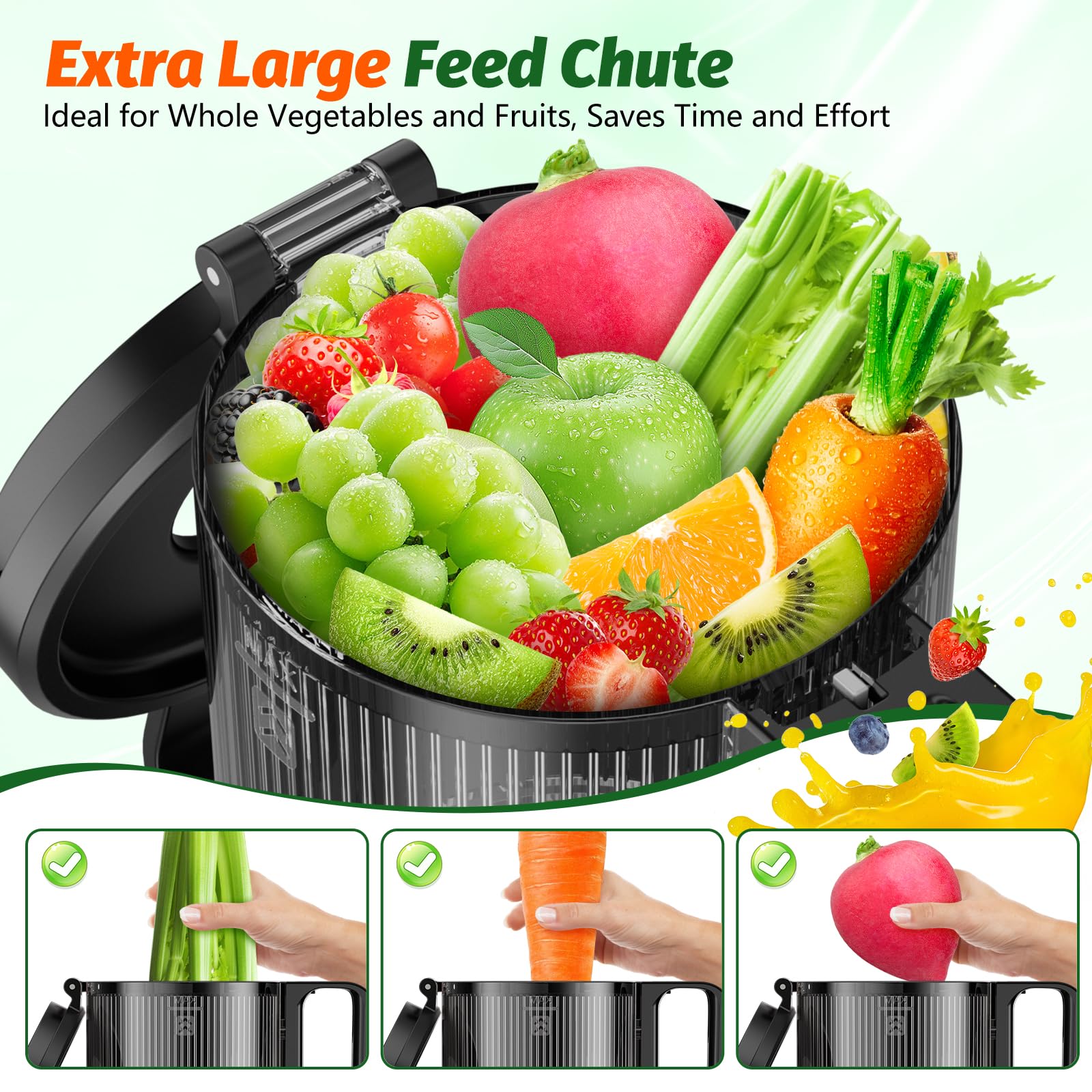 LQZ Cold Press Juicer,Slow Masticating Juicer Machines,350W Juice Extractor Machine,5.3" Large Bore Feed Chute Fit Whole Vegetables and Fruits,Easy to Clean Juicer(Black)