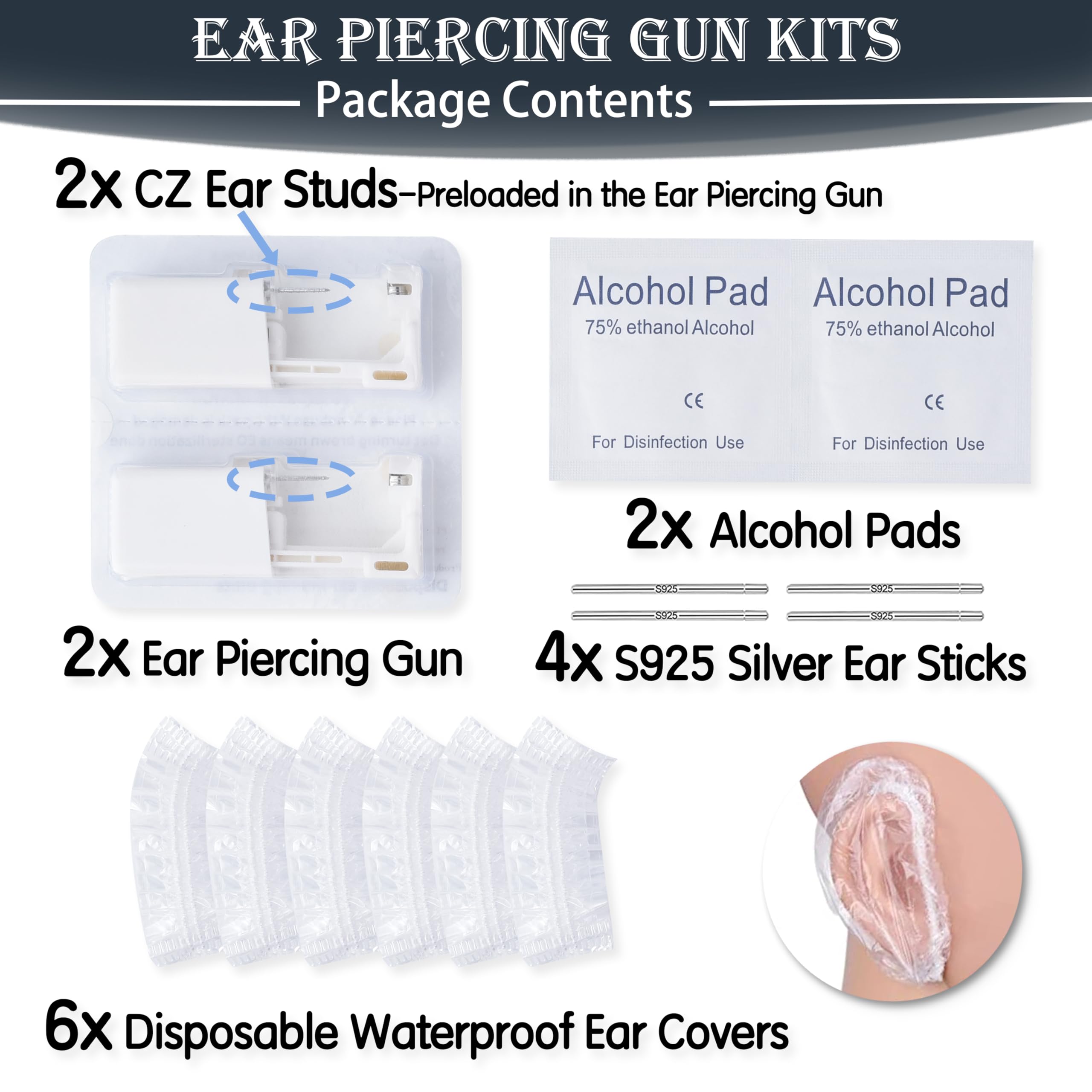 Ear Piercing Kit, Anzero 2 Pcs Disposable Ear Piercing Gun with Preloaded Ear Stud, at Home Self Ear Piercing Gun Kit - 3MM Earrings Stud