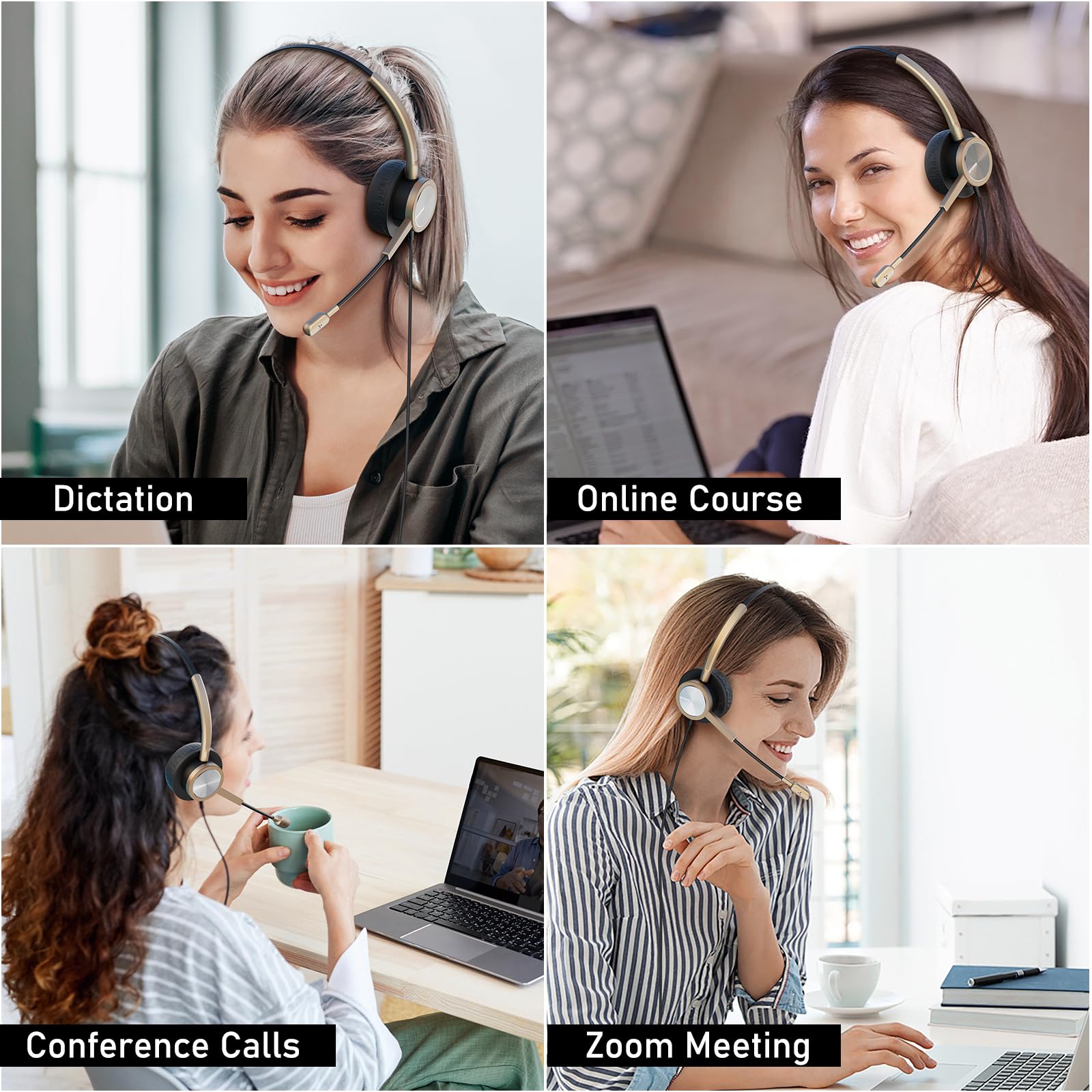 USB Type C Headphones with Noise Canceling Microphone, USB-C Headset with Mic for PC, Laptop, Lightweight Gold Headset for Call Center Office Laptop, Skype, Zoom, Webinar, Google Meet, WeBex