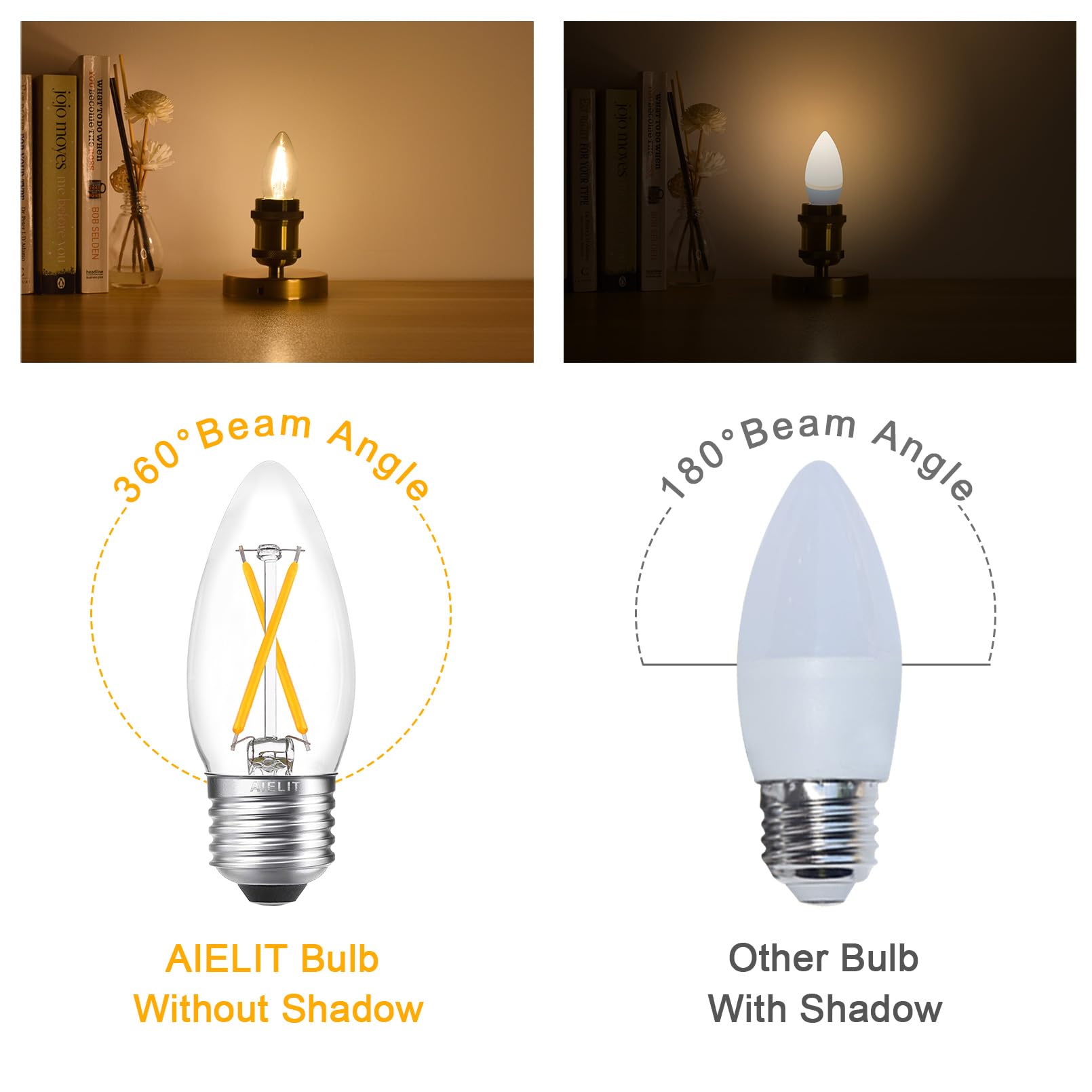 AIELIT Dimmable LED Candle Light Bulb, Vintage 2W B11 E26 LED Candelabra Bulbs 25 Watt Equivalent for Hotel Bedroom Entryway Chandelier Pendant Lights Wall Sconce Beside Lamp, Warm White 2700K, 4 Pcs