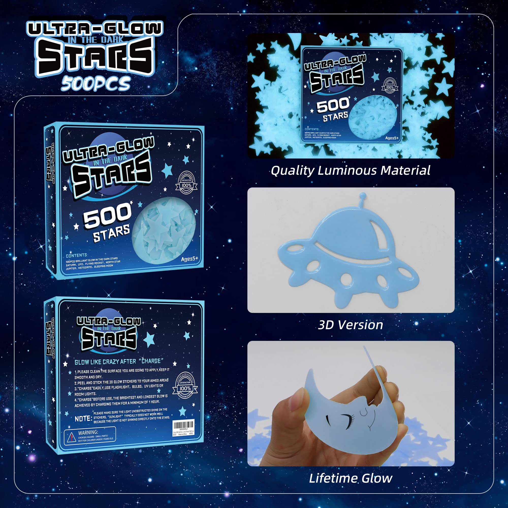 500Pcs 3D Glow in the Dark Stars Blue Glow in the Dark Stars for Ceiling Space Wall Decals Glowing Astronaut Universe Planet Galaxy Wall Stickers Ceiling Decorations for Boys Kids Bedroom Decor (Blue)