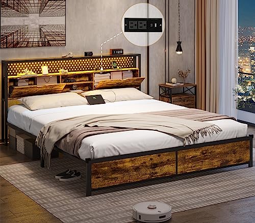 ADORNEVE Full Size Bed Frame with Storage & LED Light Headboard, Metal Platform Bed Frame with Charging Station, Full Bed Frame with Shelf Headboard, No Box Spring Needed, Vintage Brown