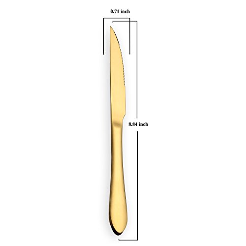HOMQUEN Gold Steak Knife Set, Stainless Steel and Durable Comfortable Grip Handle, Mirror Polish and Gold Titanium Plated, for Pizza or Steak (Gold, Set of 6)