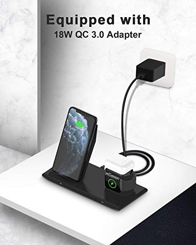 Wireless Charger - NANAMI 3 in 1 Fast Wireless Charging Station for Apple Watch Series 5/4/3/2/1,AirPods Pro, iPhone 15/14/13/12/11/XS/XR/X,Galaxy S24/S23/S22/S21/S20/S10/S9/Note 20(with 18W Adapter)