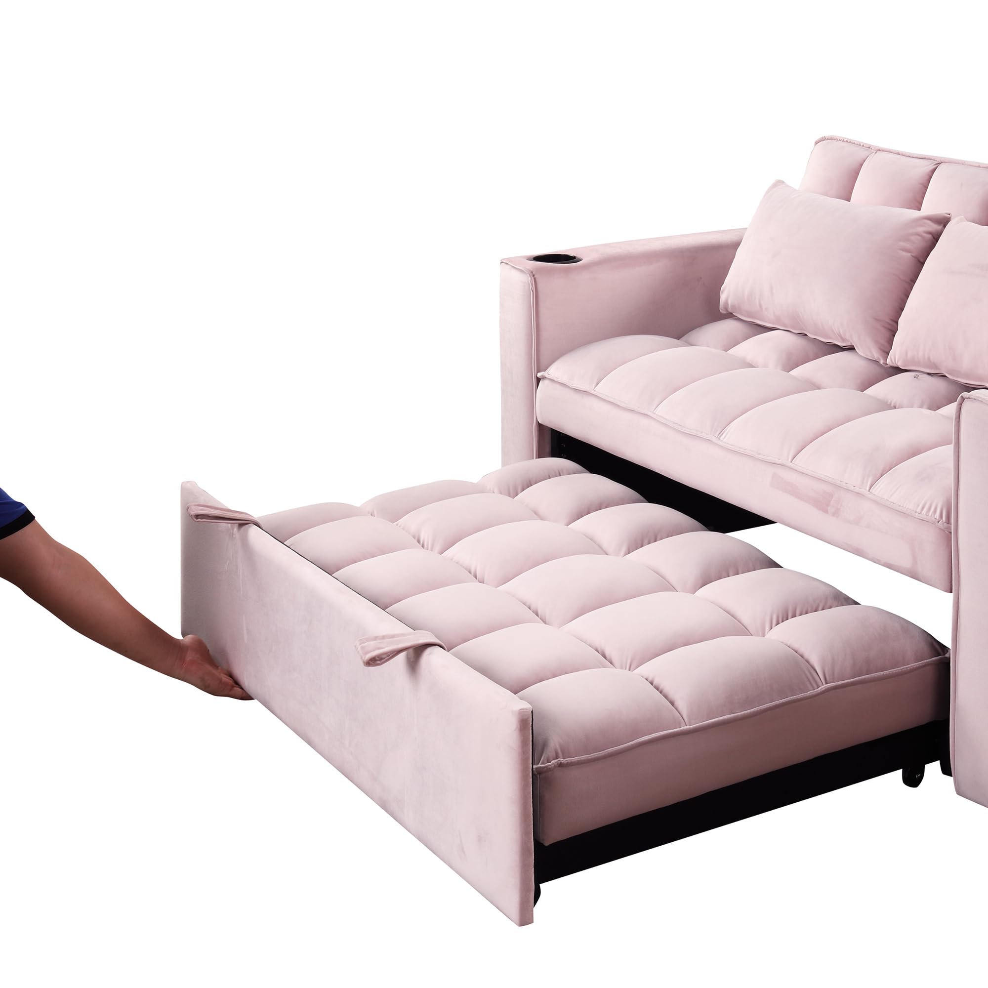 4-in-1 Multi-Functional Convertible Sofa Bed w/Cup Holder and USB Port,Velvet Upholstery Sleeper Couch Pull-Out Sofabed, 55.3'' Loveseat Chaise Lounge with Pillows for Living Room,Small Place