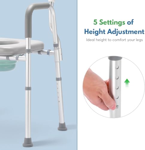 4-in-1 Raised Toilet Seat with Handles and Back, Medical Bedside Commode Chair, Adjustable Toilet Safety Frame, Shower Chair for Seniors, Elderly, Handicap, Pregnant,Collapsible Basin Included
