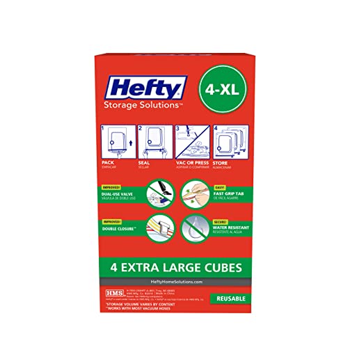 Hefty Shrink-Pak β 4 Extra Large Vacuum Seal Storage Bags β Space Saver Bags for Clothing, Pillows, Towels, or Blankets, 4 x XL Cubes