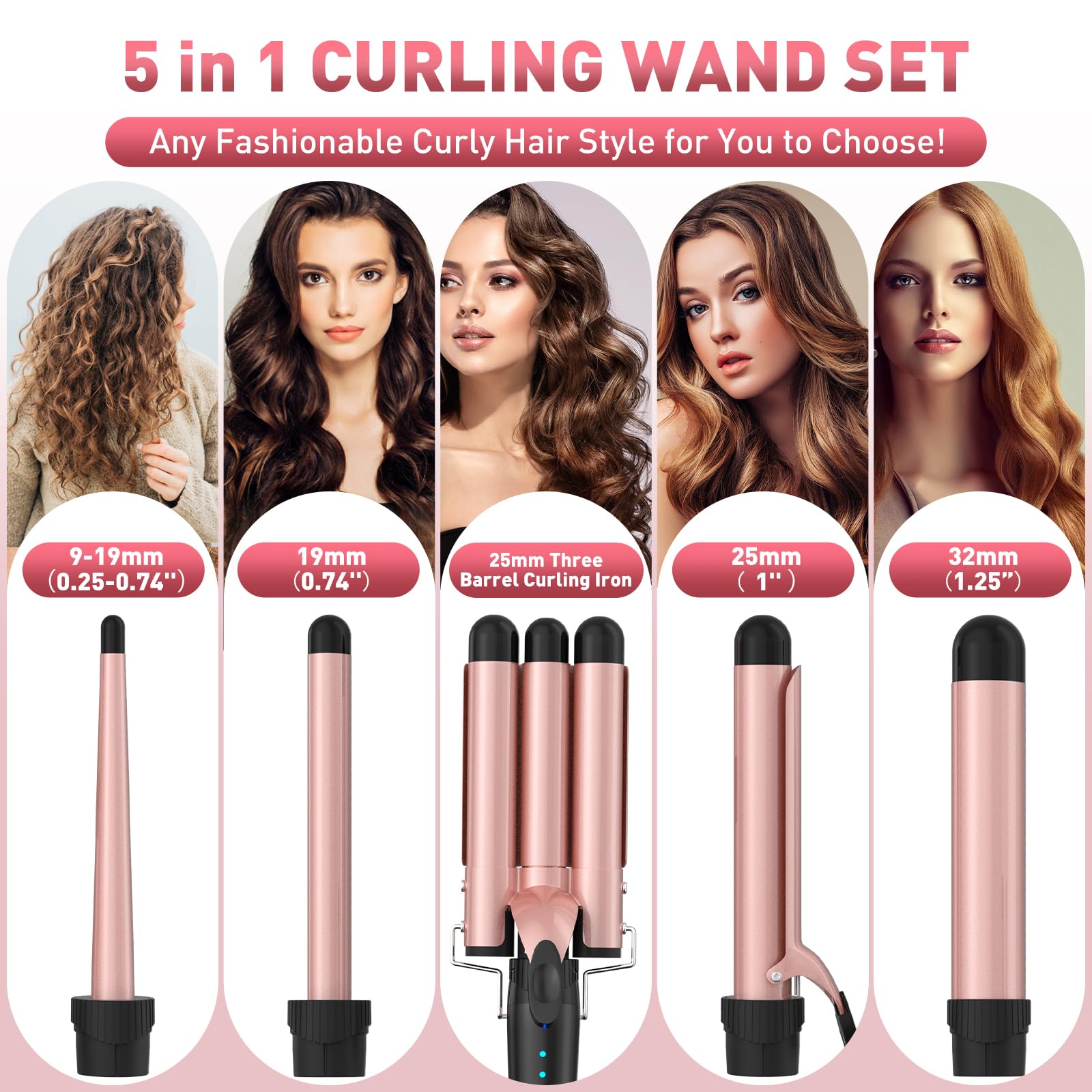 5 in 1 Curling Wand Set with 3 Barrel Crimper, 5 Interchangeable Ceramic Barrels, Instant Heat Up, Adjustable Temperature & Heat Protective Glove for All Hair Types